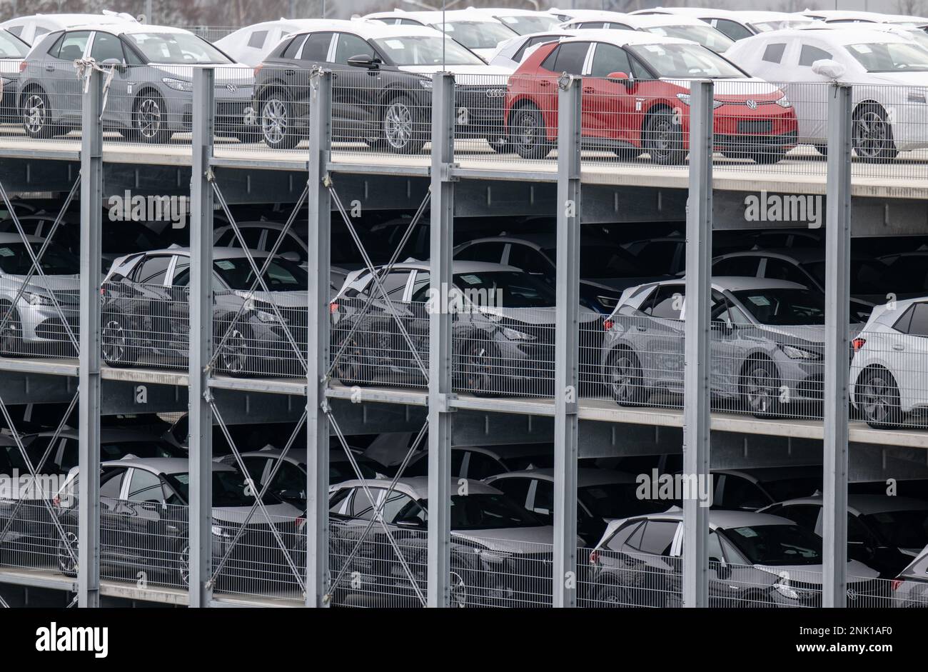 23 February 2023, Saxony, Zwickau: Finished, fully electric vehicles ...