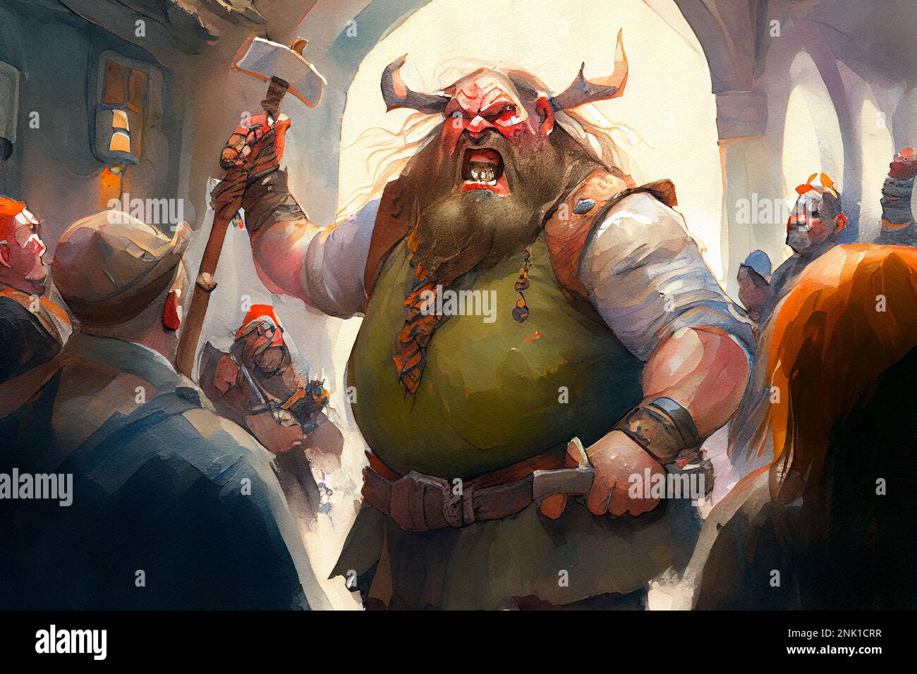 A giant ogre, with a big belly and sharp teeth, threatening a group of ...