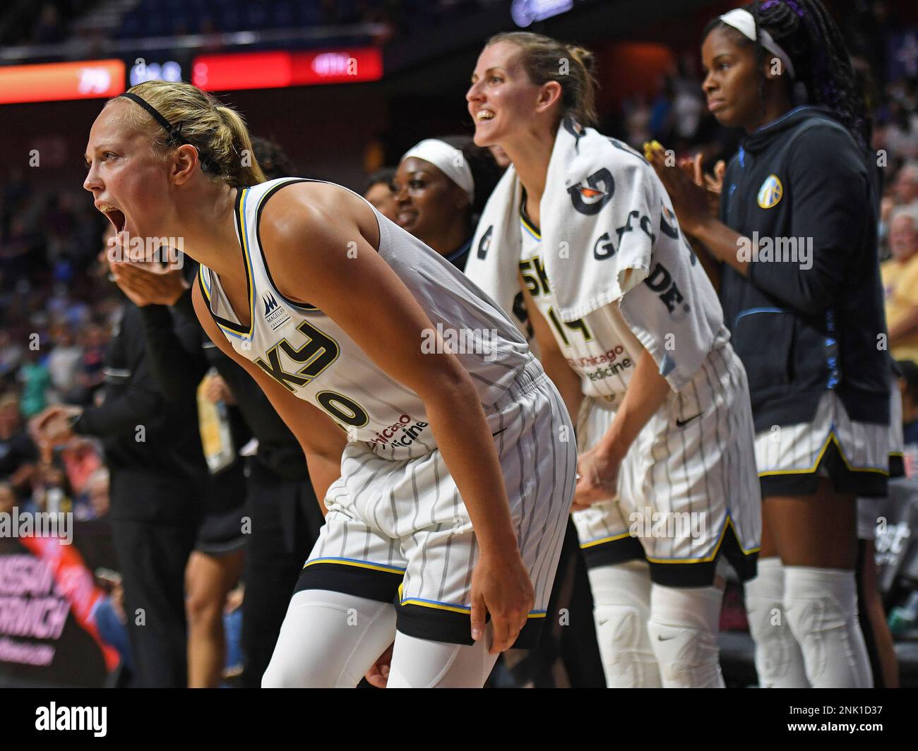 Chicago Sky guard Julie Allemand, left, and the bench celebrate a ...
