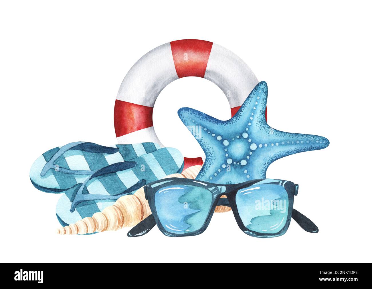 Watercolor illustration with life preserver red and white flip flops ...