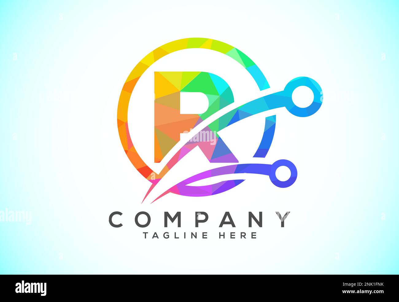 Polygonal low poly R alphabet in a circle with technology sign symbol ...