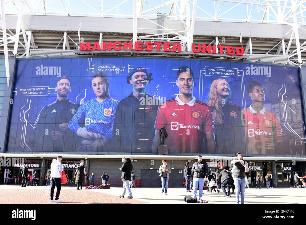 Manchester, UK, 23rd February, 2023. Football fans gather outside the ...