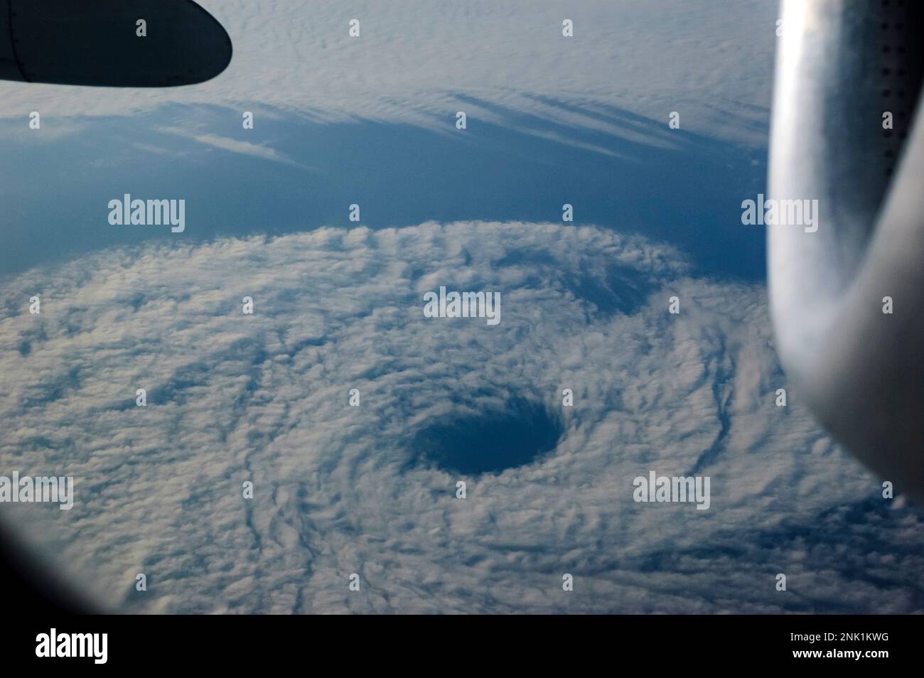 Cyclone seen from the window of a commercial flight over the coast of ...