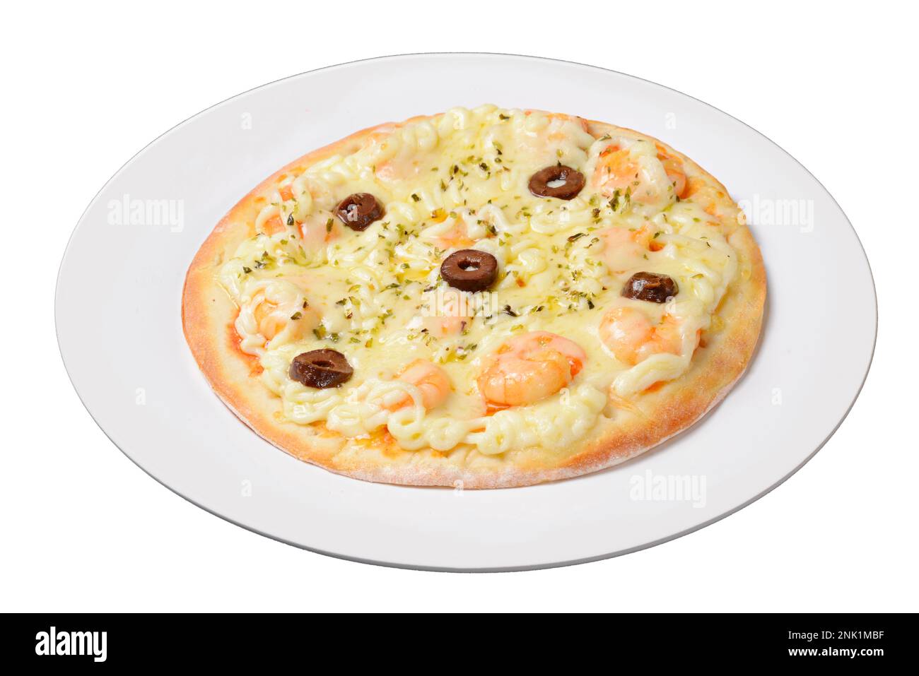 Pizza. Small shrimp pizza on white plate isolated on transparent ...