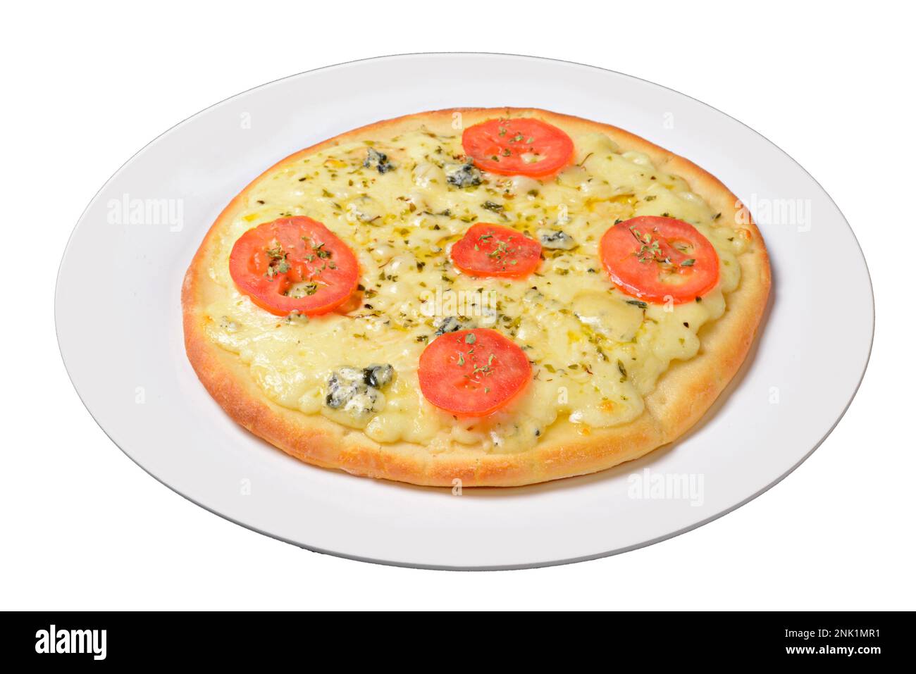 Pizza. Small mozzarella cheese pizza on white plate isolated on ...