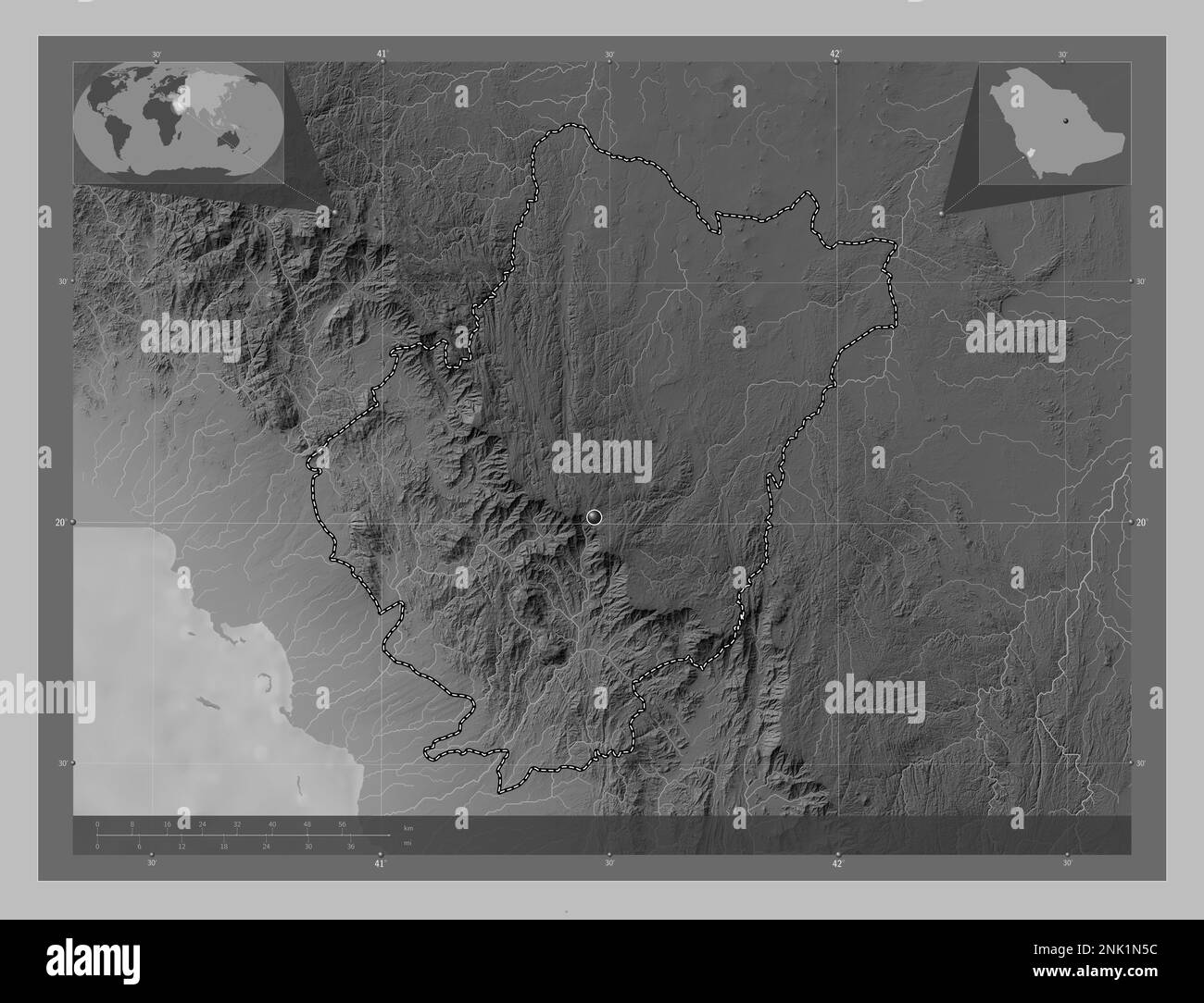 Al Bahah, region of Saudi Arabia. Grayscale elevation map with lakes ...