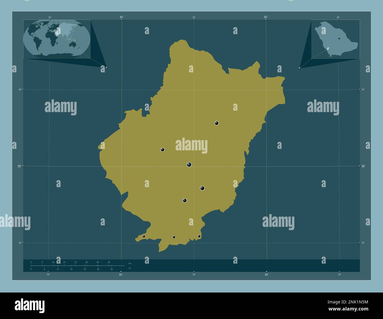 Al Bahah, region of Saudi Arabia. Solid color shape. Locations of major ...
