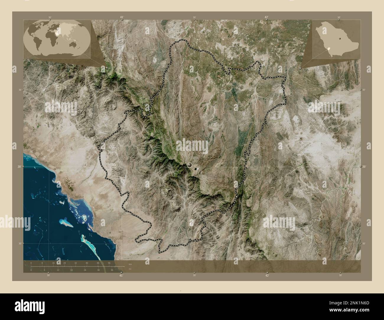 Al Bahah, region of Saudi Arabia. High resolution satellite map. Corner ...