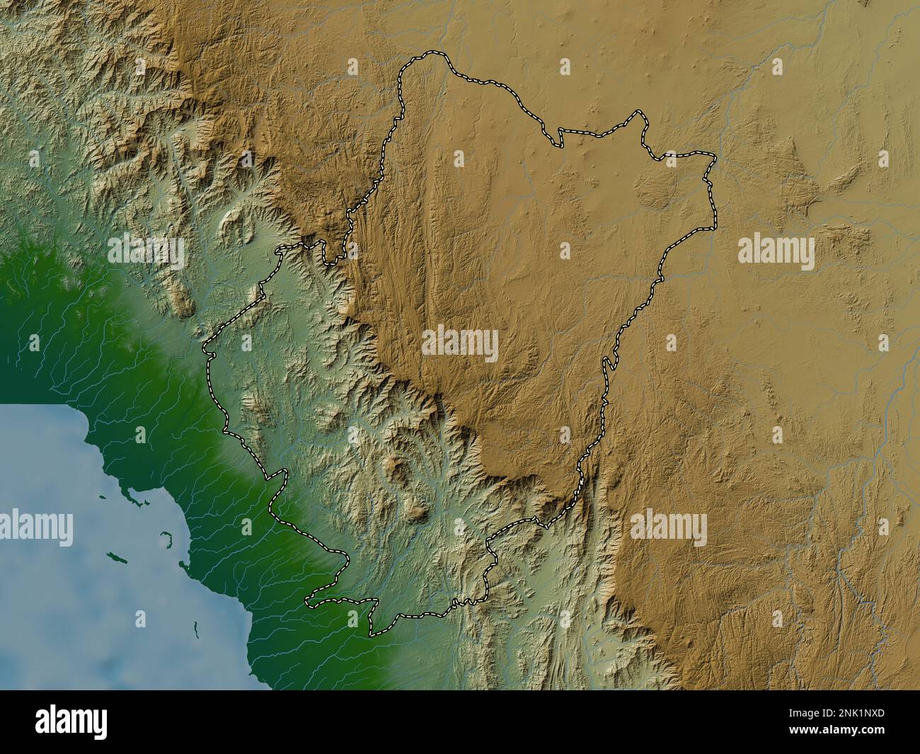 Al Bahah, region of Saudi Arabia. Colored elevation map with lakes and ...
