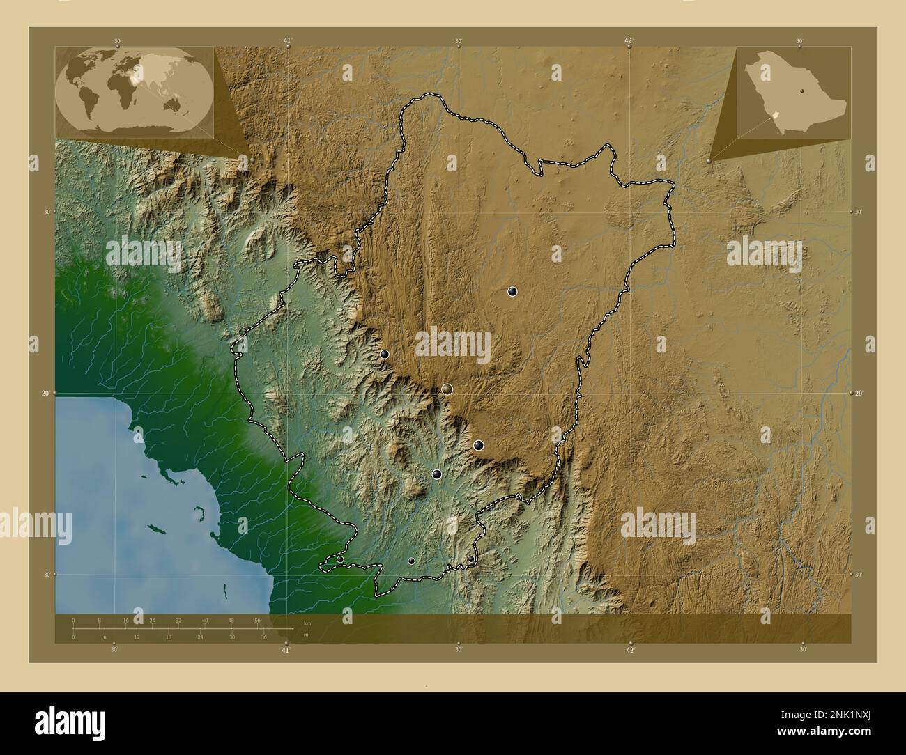 Al Bahah, region of Saudi Arabia. Colored elevation map with lakes and ...