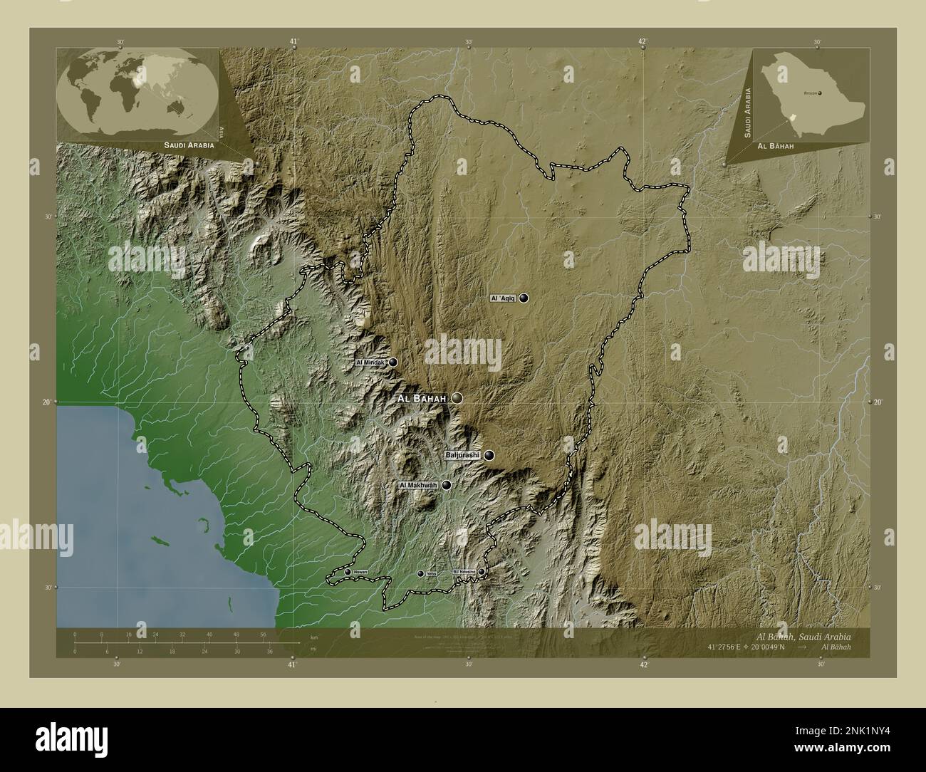 Al Bahah, region of Saudi Arabia. Elevation map colored in wiki style ...