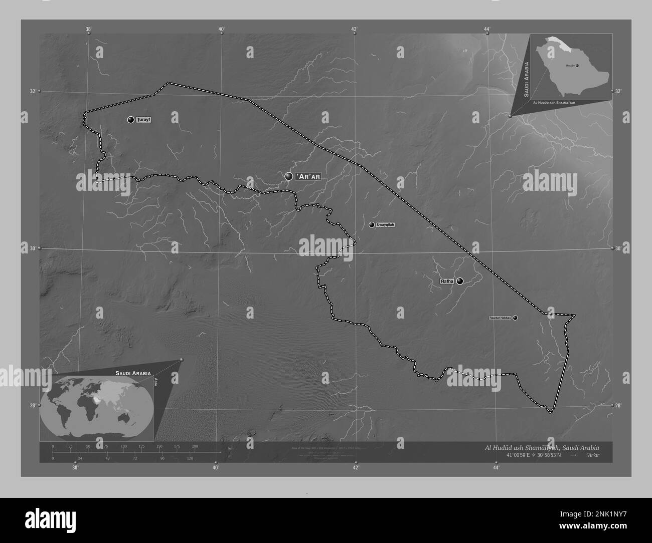 Al Hudud ash Shamaliyah, region of Saudi Arabia. Grayscale elevation ...