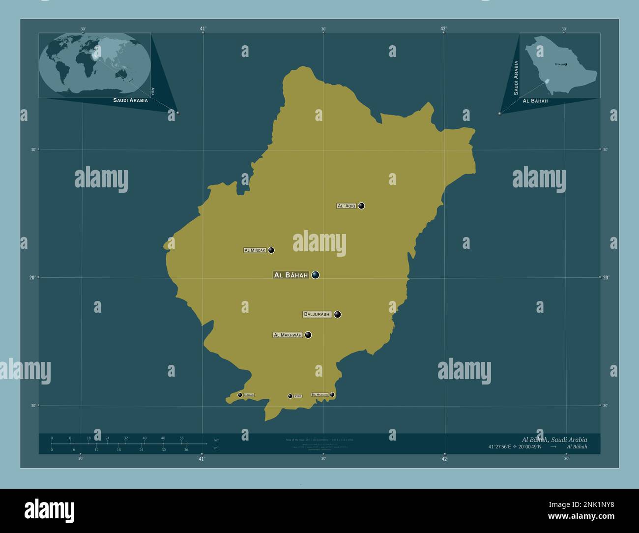Al Bahah, region of Saudi Arabia. Solid color shape. Locations and ...