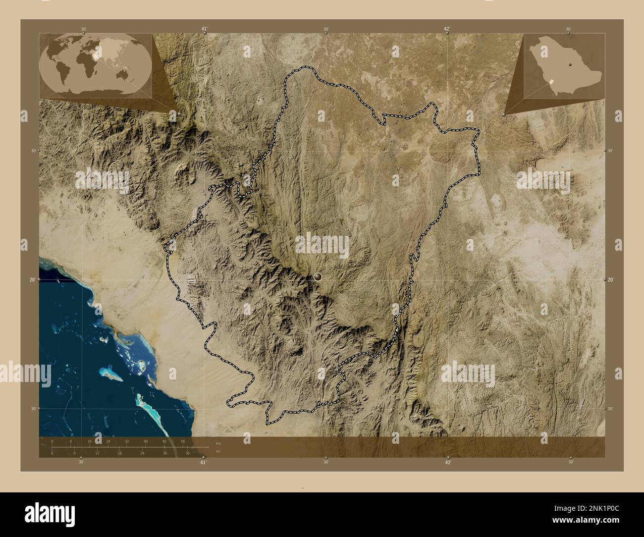 Al Bahah, region of Saudi Arabia. Low resolution satellite map. Corner ...