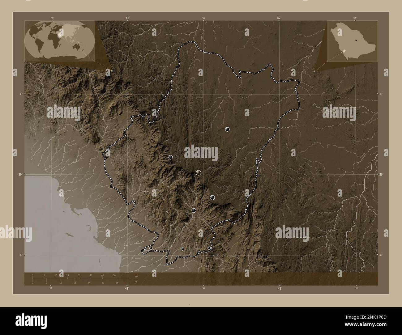 Al Bahah, region of Saudi Arabia. Elevation map colored in sepia tones ...