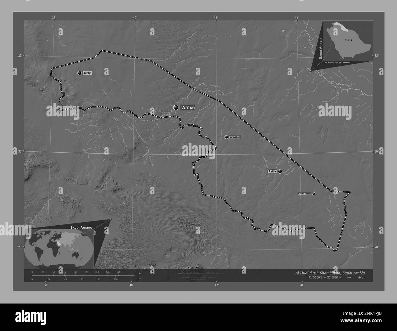 Al Hudud ash Shamaliyah, region of Saudi Arabia. Bilevel elevation map ...
