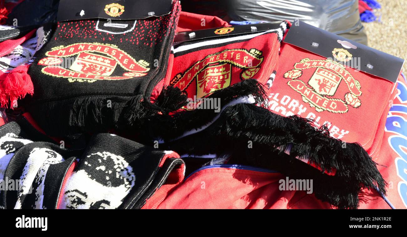Manchester, UK, 23rd February, 2023. Souvenir scarves on sale. The ...