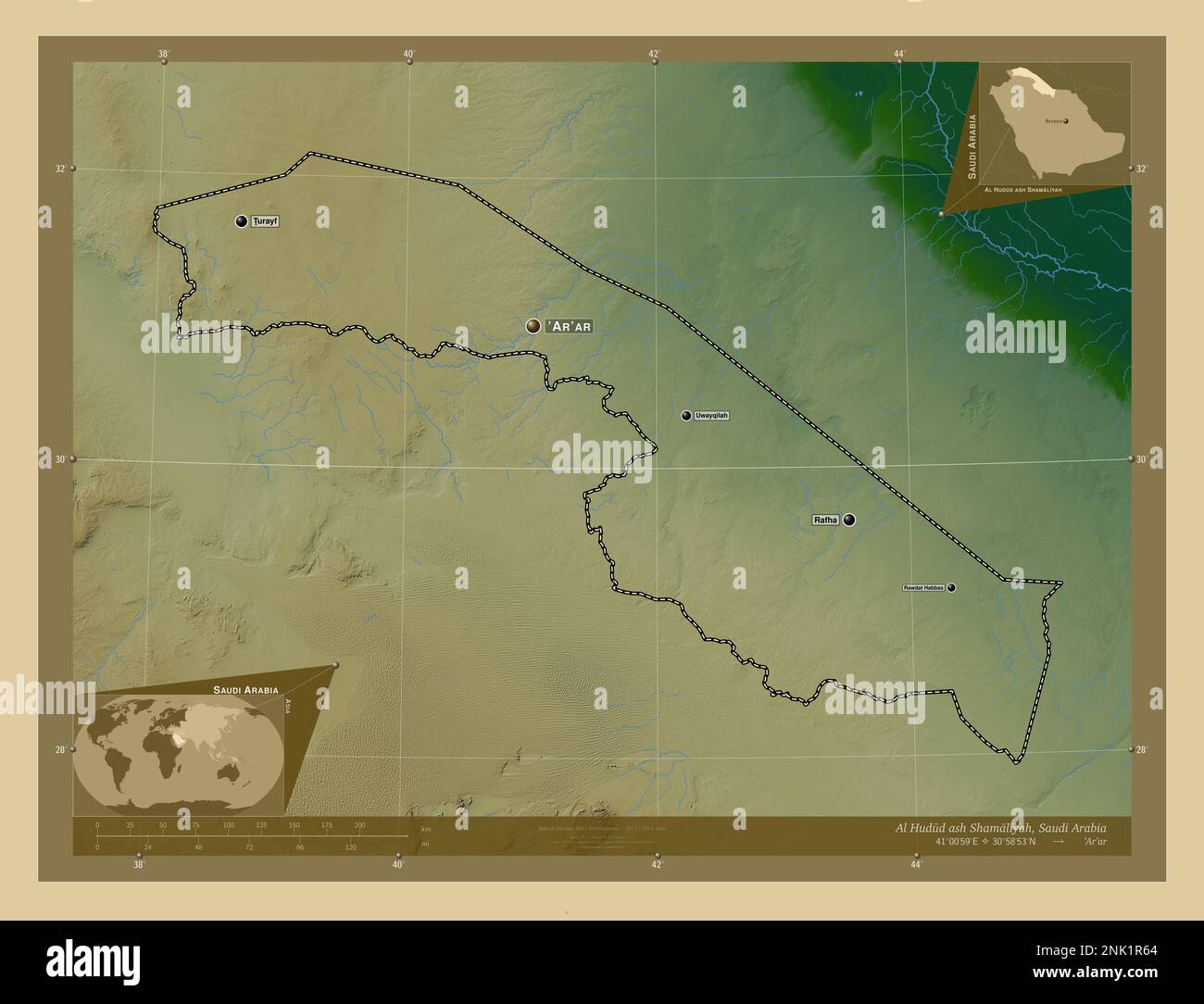Al Hudud ash Shamaliyah, region of Saudi Arabia. Colored elevation map ...