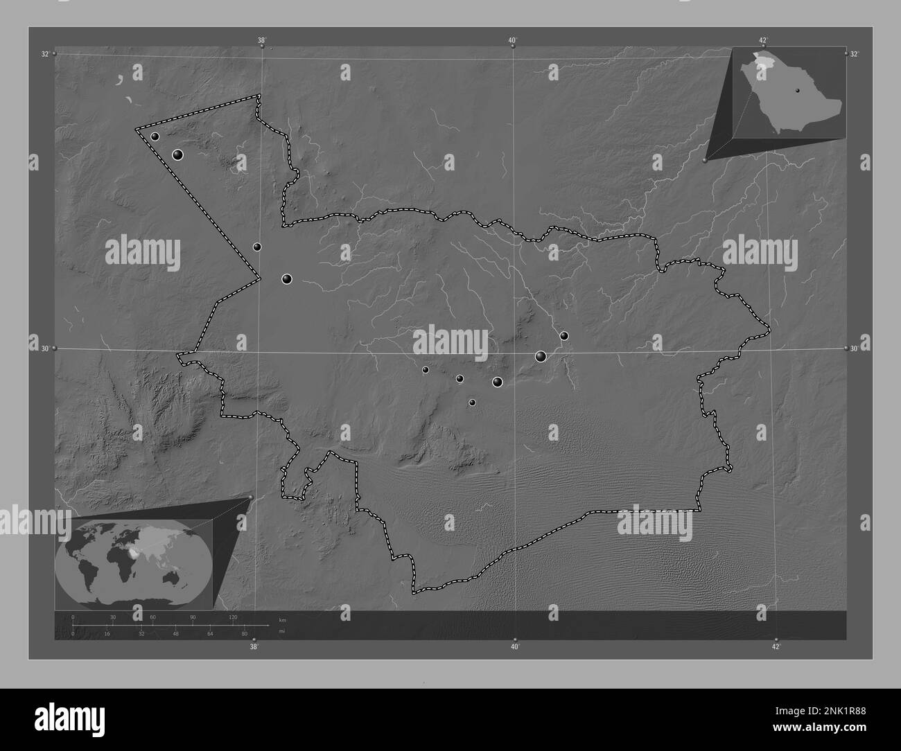 Al Jawf, region of Saudi Arabia. Bilevel elevation map with lakes and ...
