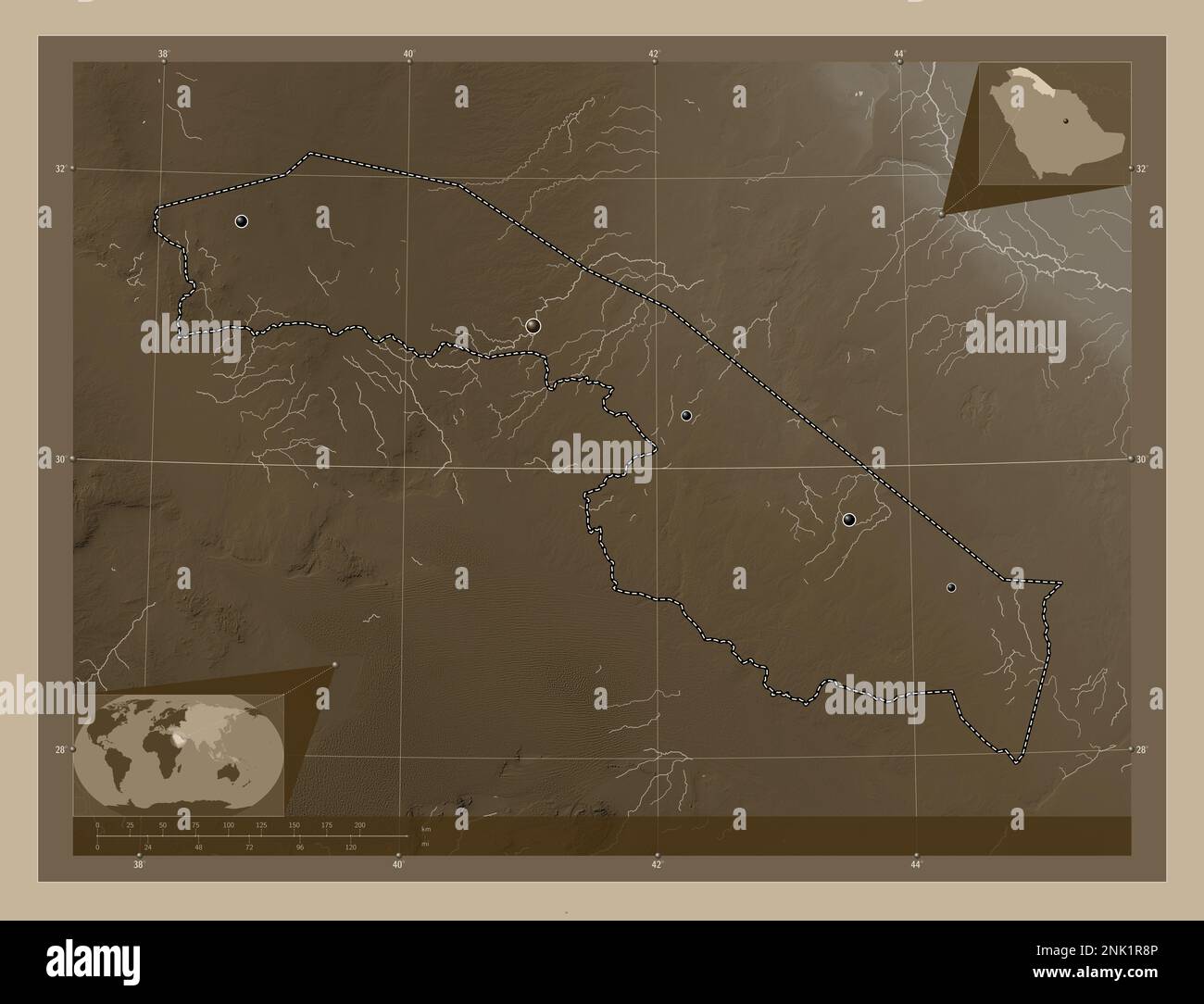 Al Hudud ash Shamaliyah, region of Saudi Arabia. Elevation map colored ...