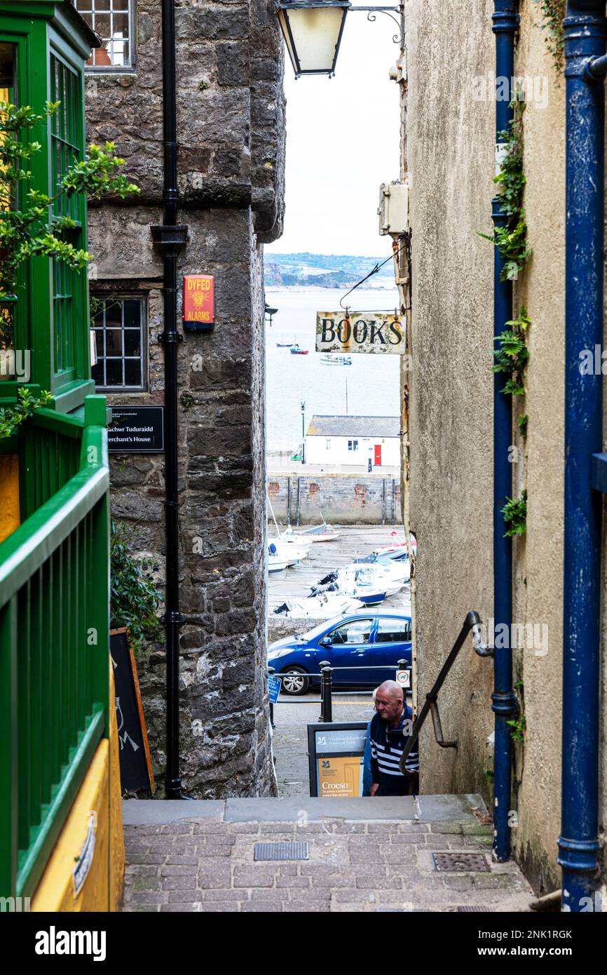 narrow lane in Tenby, Pembrokeshire, Wales, homes, houses, sea view ...