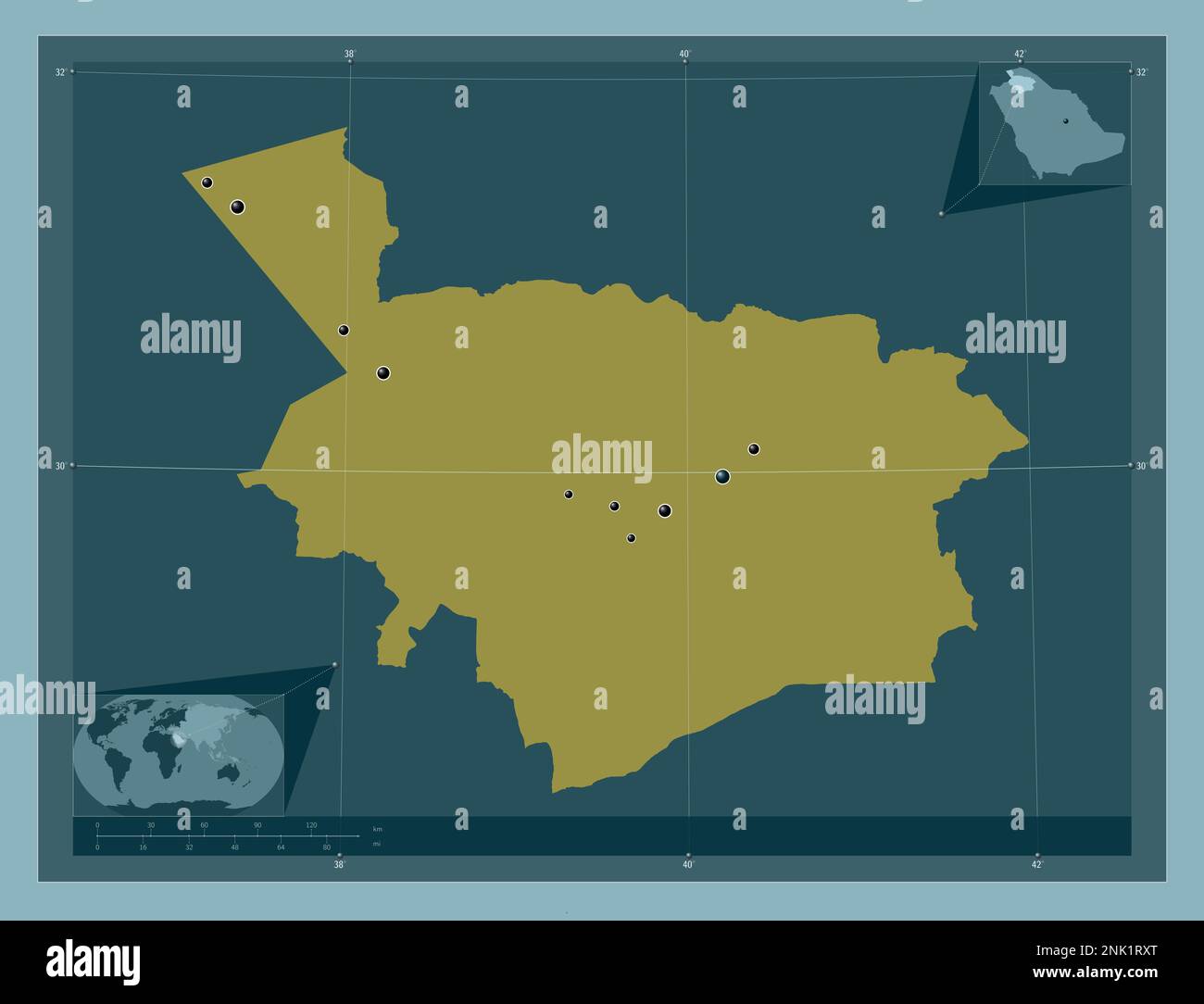 Al Jawf, region of Saudi Arabia. Solid color shape. Locations of major ...