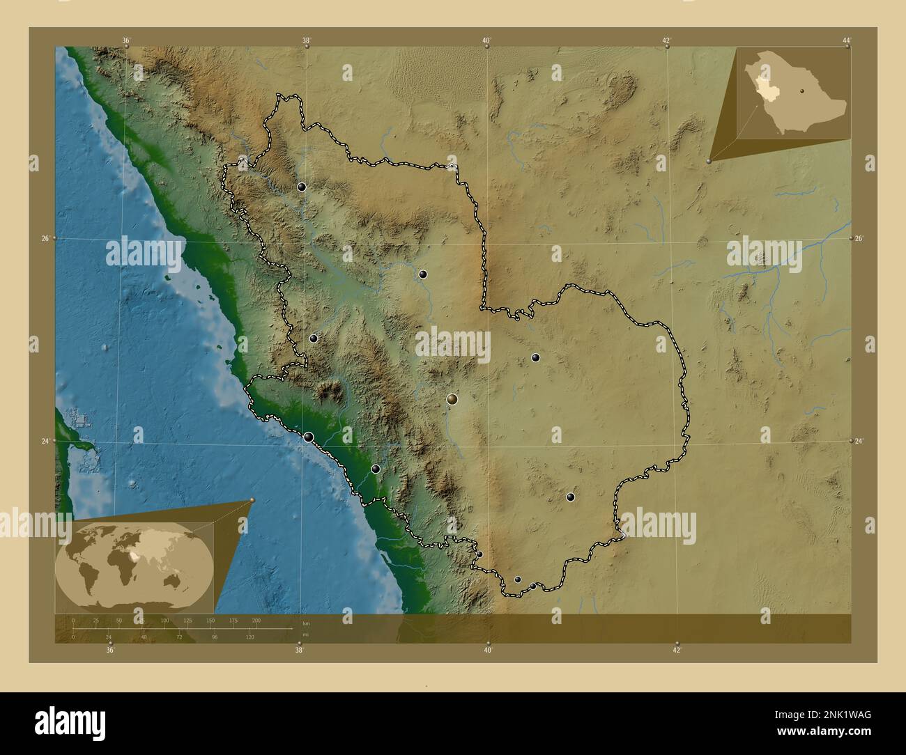 Al Madinah al Munawwarah, region of Saudi Arabia. Colored elevation map ...