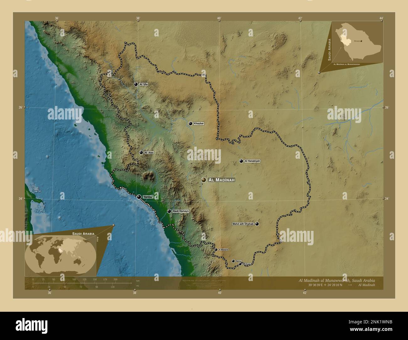 Al Madinah al Munawwarah, region of Saudi Arabia. Colored elevation map ...
