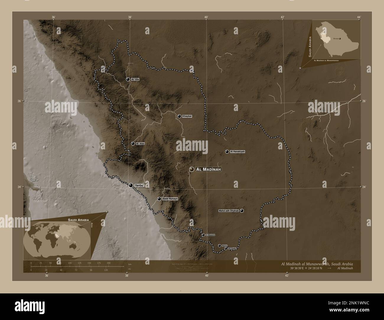 Al Madinah al Munawwarah, region of Saudi Arabia. Elevation map colored ...