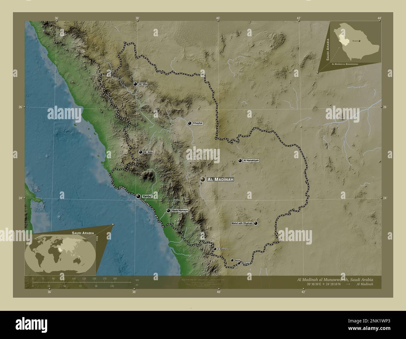 Al Madinah al Munawwarah, region of Saudi Arabia. Elevation map colored in wiki style with lakes ...