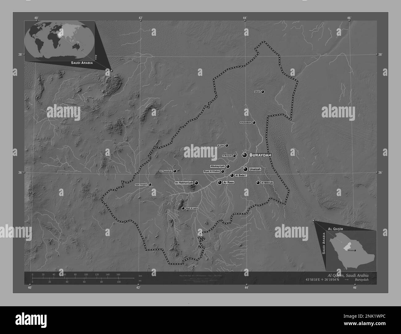 Al Qasim, region of Saudi Arabia. Bilevel elevation map with lakes and ...