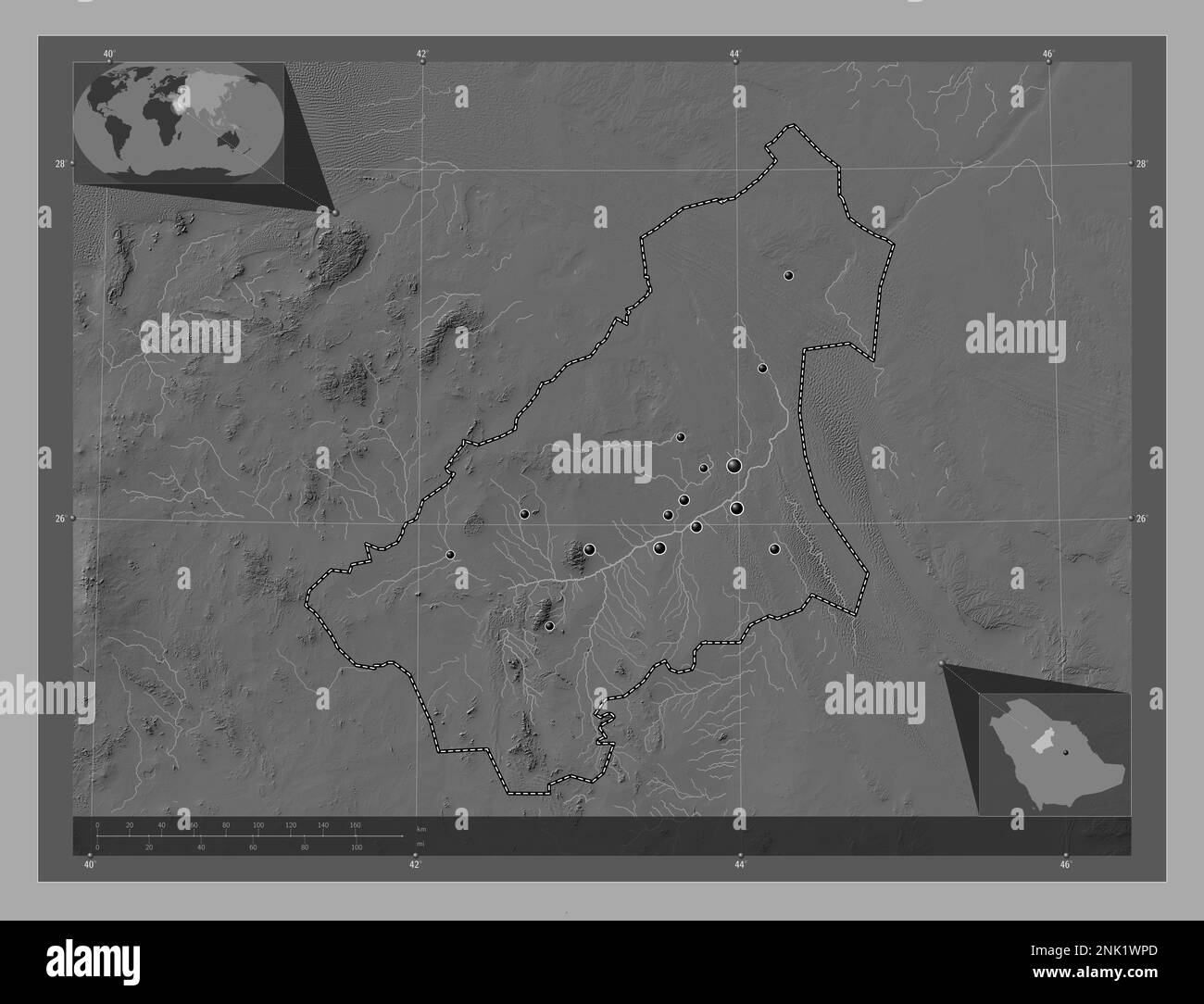 Al Qasim, region of Saudi Arabia. Bilevel elevation map with lakes and ...