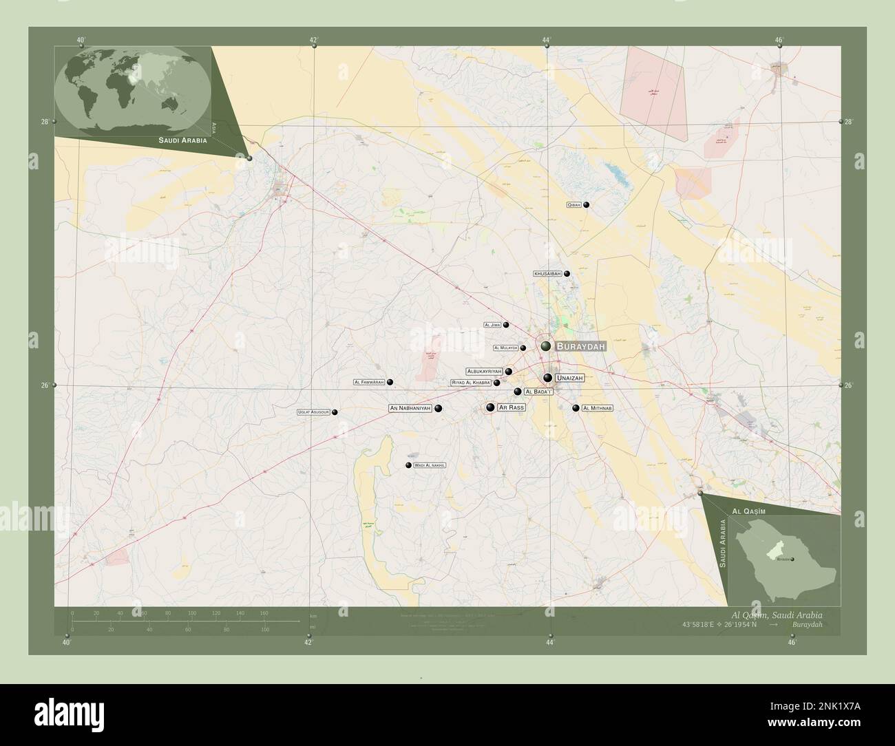 Al Qasim, region of Saudi Arabia. Open Street Map. Locations and names ...