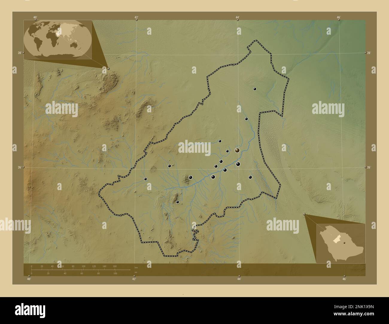 Al Qasim, region of Saudi Arabia. Colored elevation map with lakes and ...