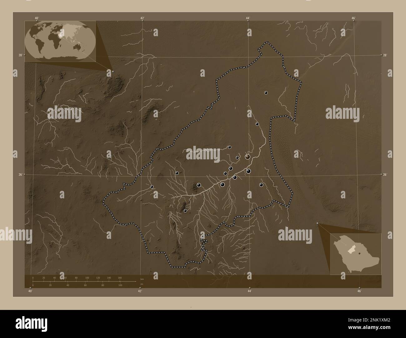 Al Qasim, region of Saudi Arabia. Elevation map colored in sepia tones ...