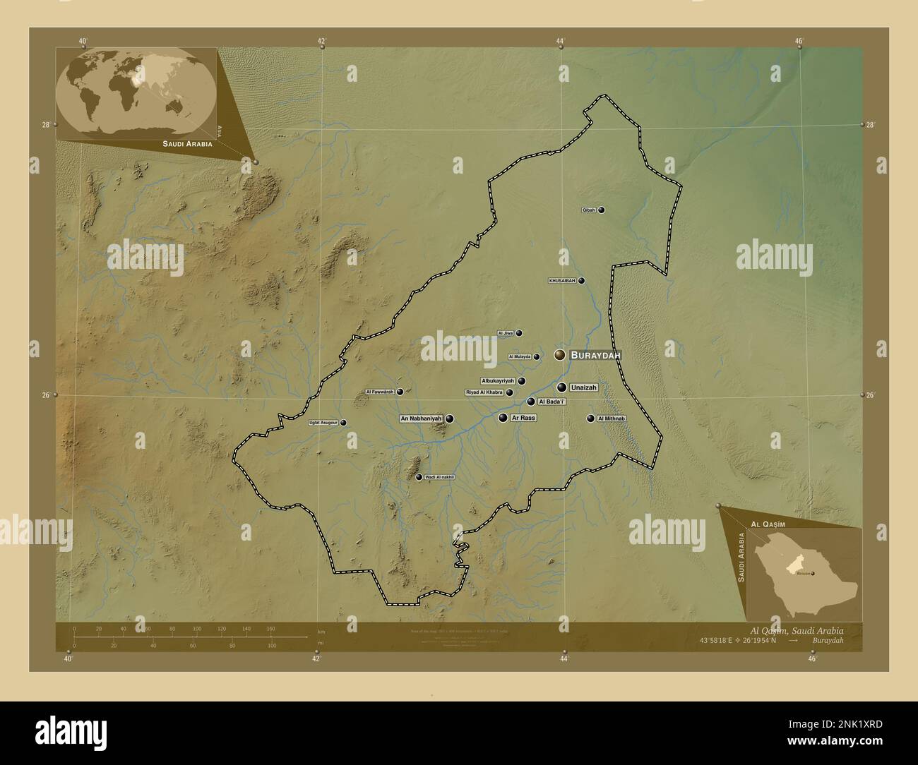 Al Qasim, region of Saudi Arabia. Colored elevation map with lakes and ...
