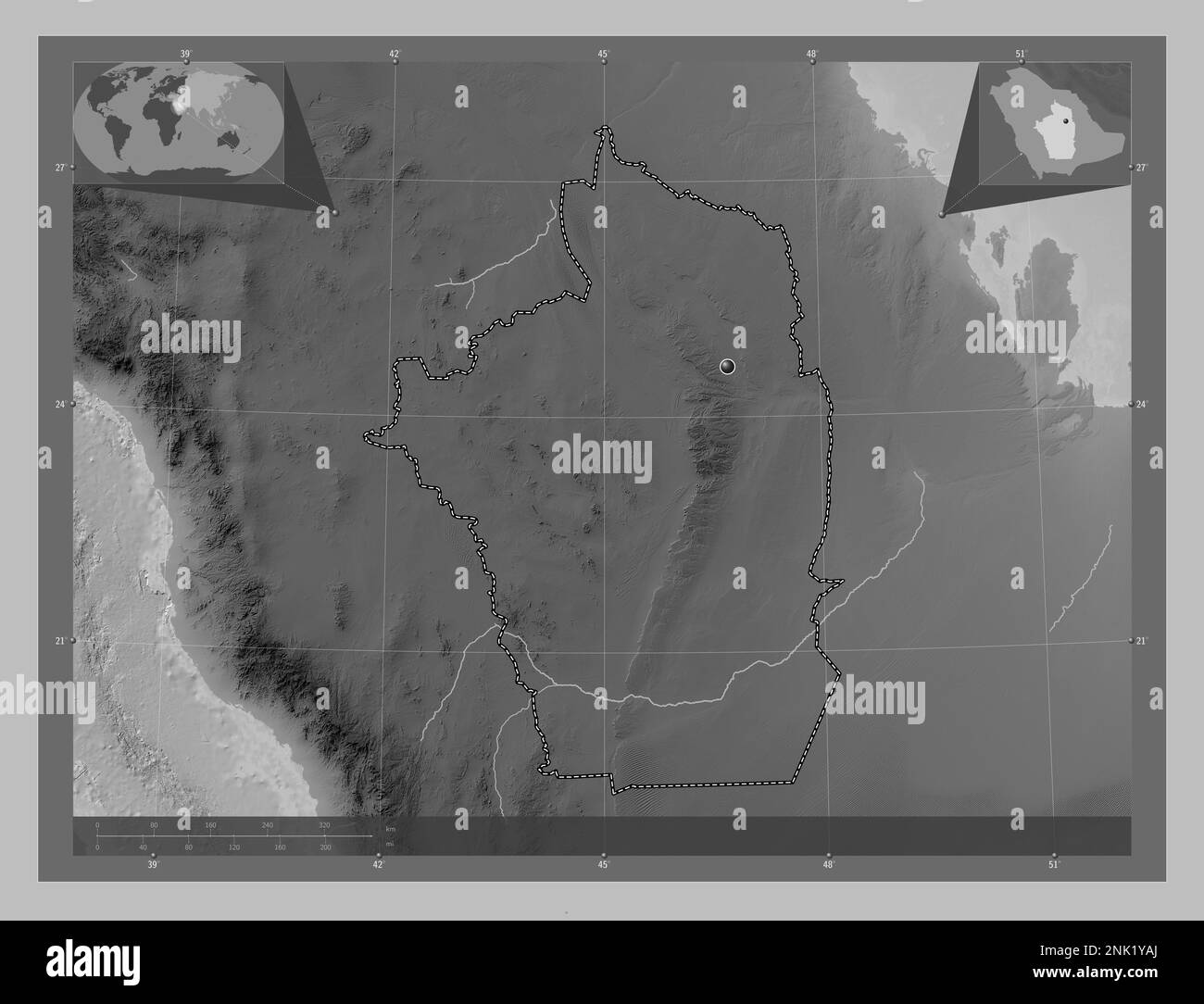 Ar Riyad, region of Saudi Arabia. Grayscale elevation map with lakes ...