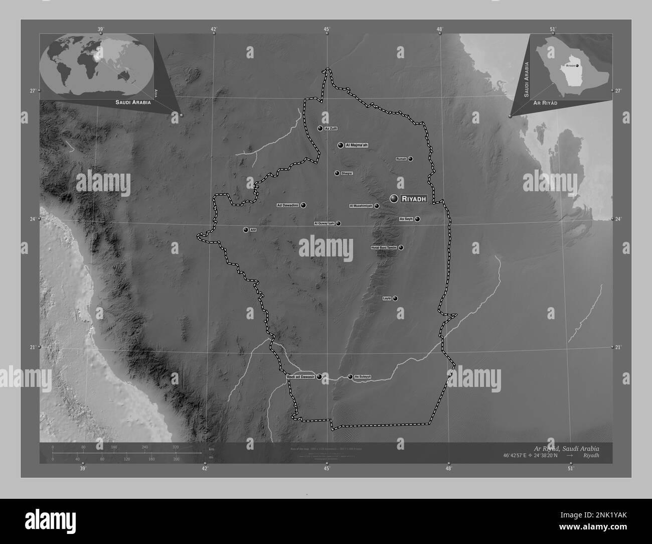 Ar Riyad, region of Saudi Arabia. Grayscale elevation map with lakes ...