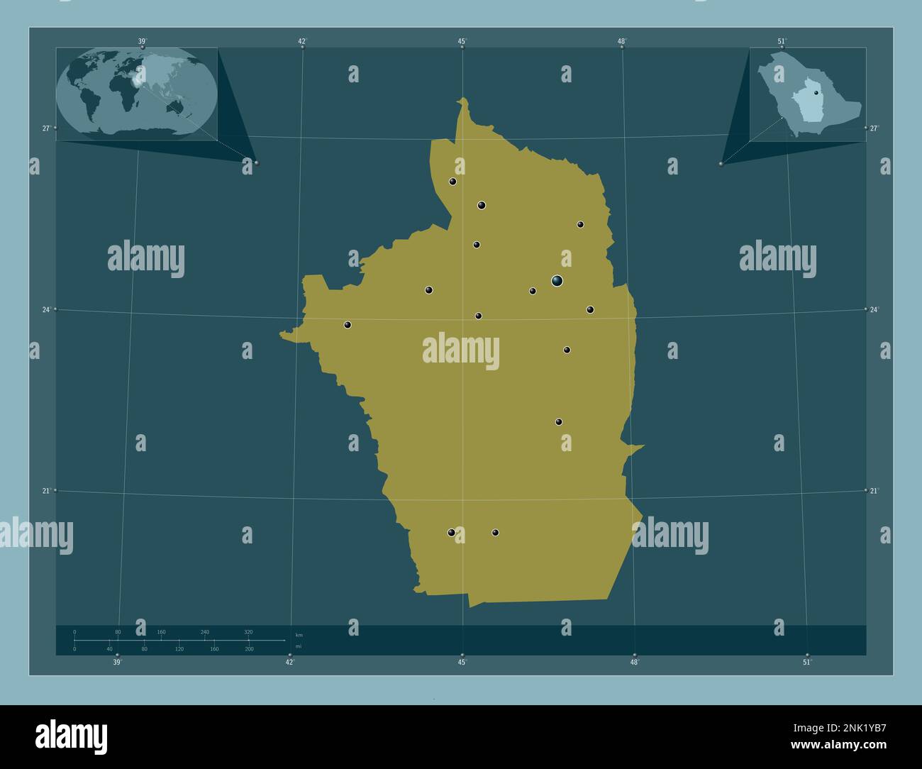 Ar Riyad, region of Saudi Arabia. Solid color shape. Locations of major ...