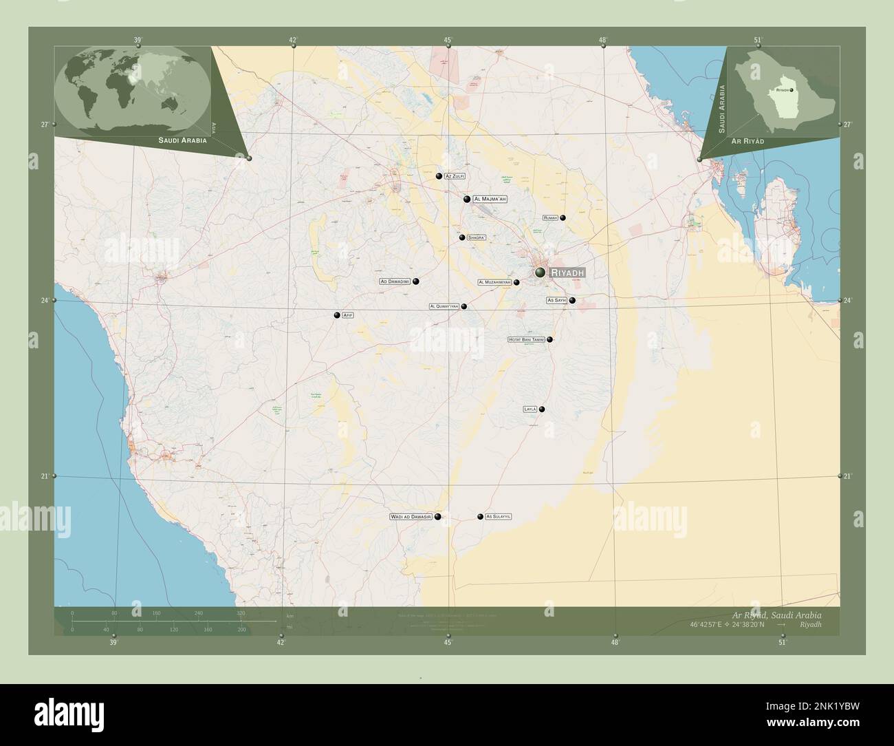 Ar Riyad, region of Saudi Arabia. Open Street Map. Locations and names ...