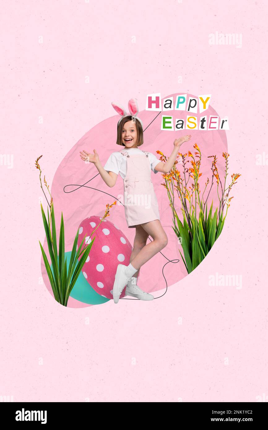 Creative cute easter template collage of sweet young kid girl dream ...