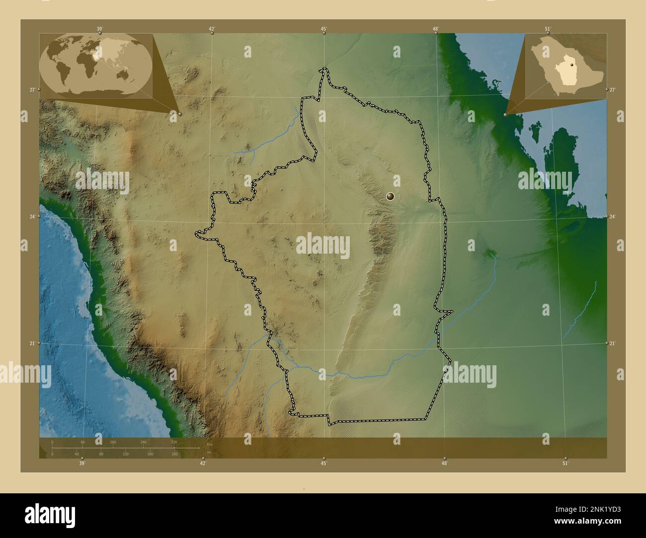 Ar Riyad, region of Saudi Arabia. Colored elevation map with lakes and ...