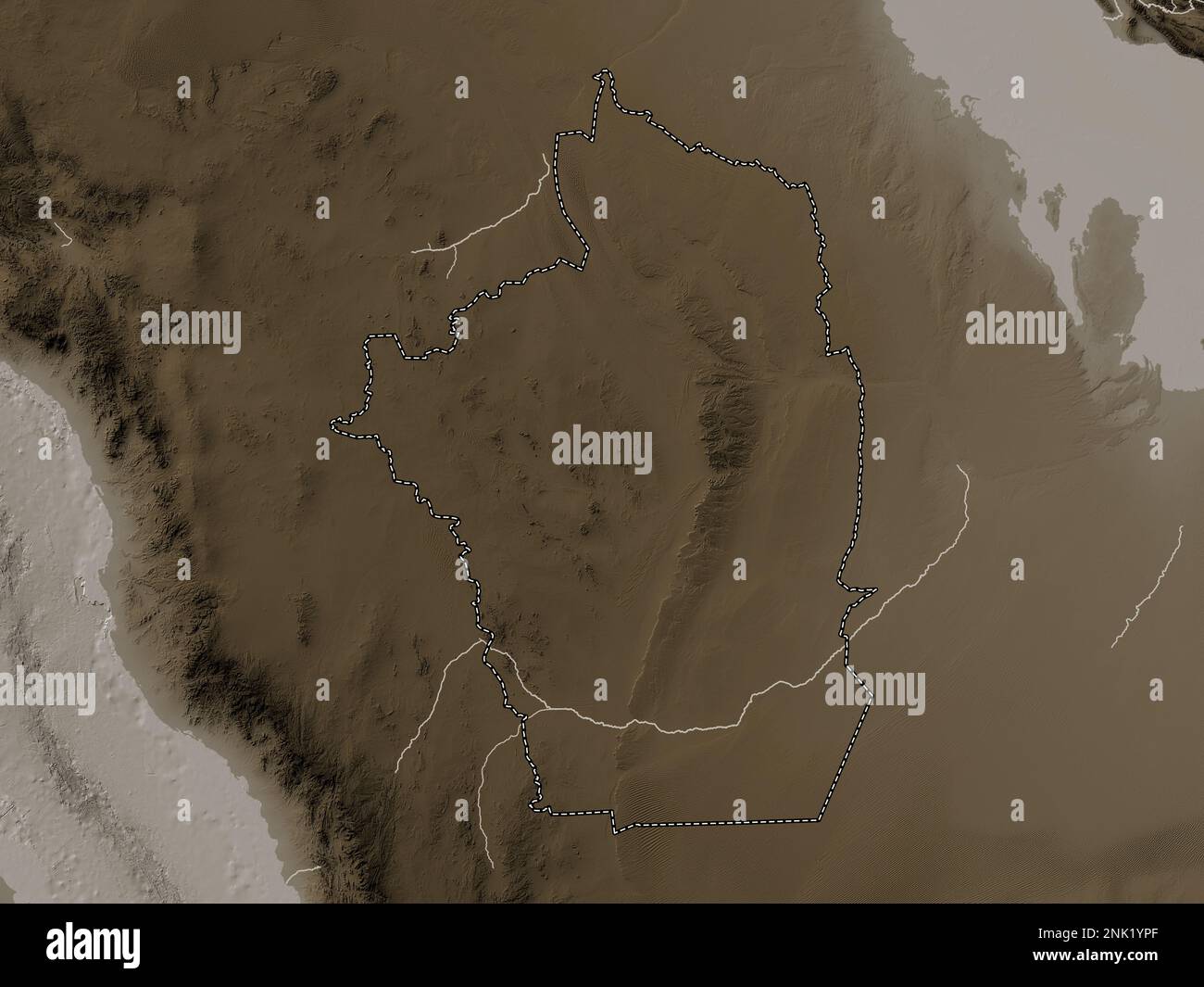 Ar Riyad, region of Saudi Arabia. Elevation map colored in sepia tones ...