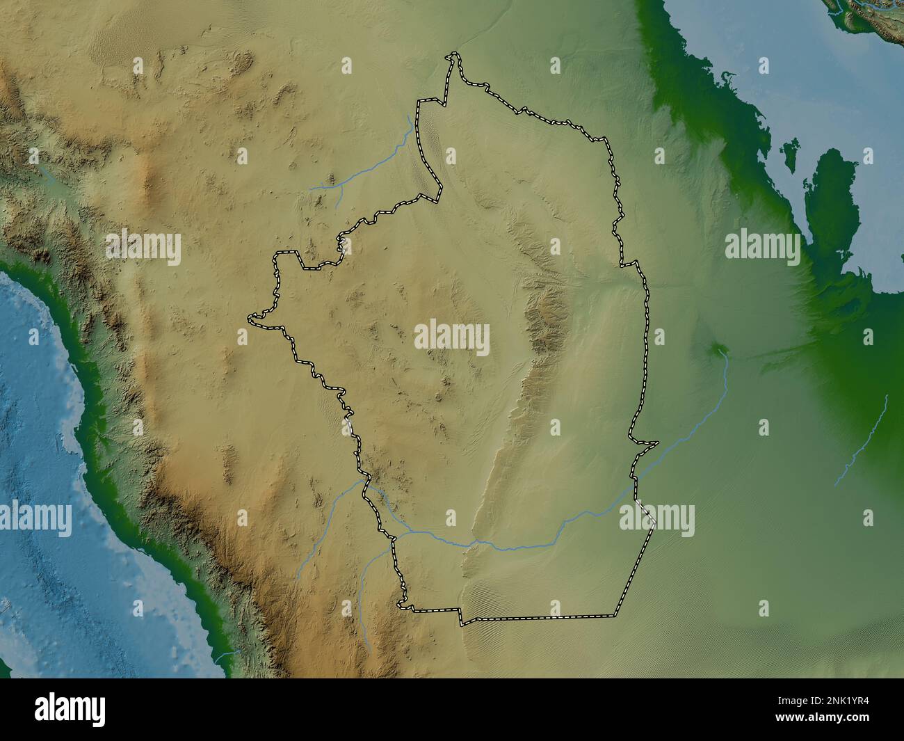 Ar Riyad, region of Saudi Arabia. Colored elevation map with lakes and ...