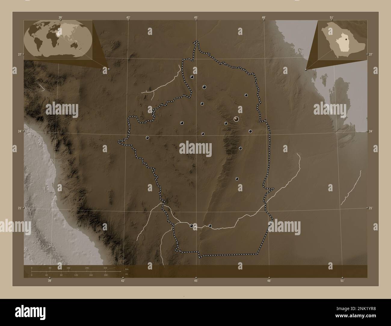 Ar Riyad, region of Saudi Arabia. Elevation map colored in sepia tones ...