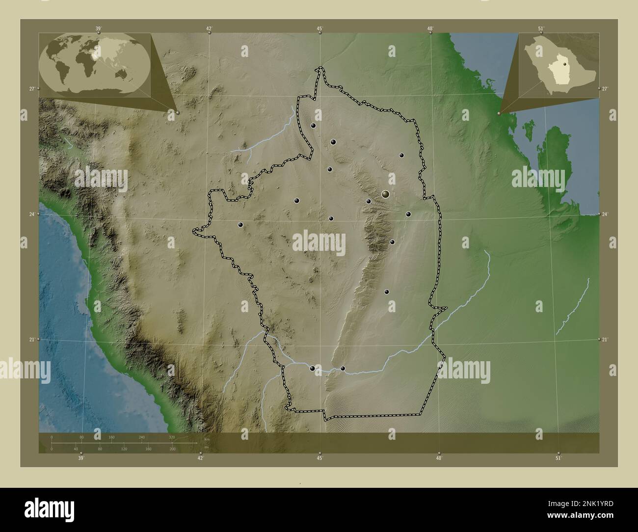 Ar Riyad, region of Saudi Arabia. Elevation map colored in wiki style ...