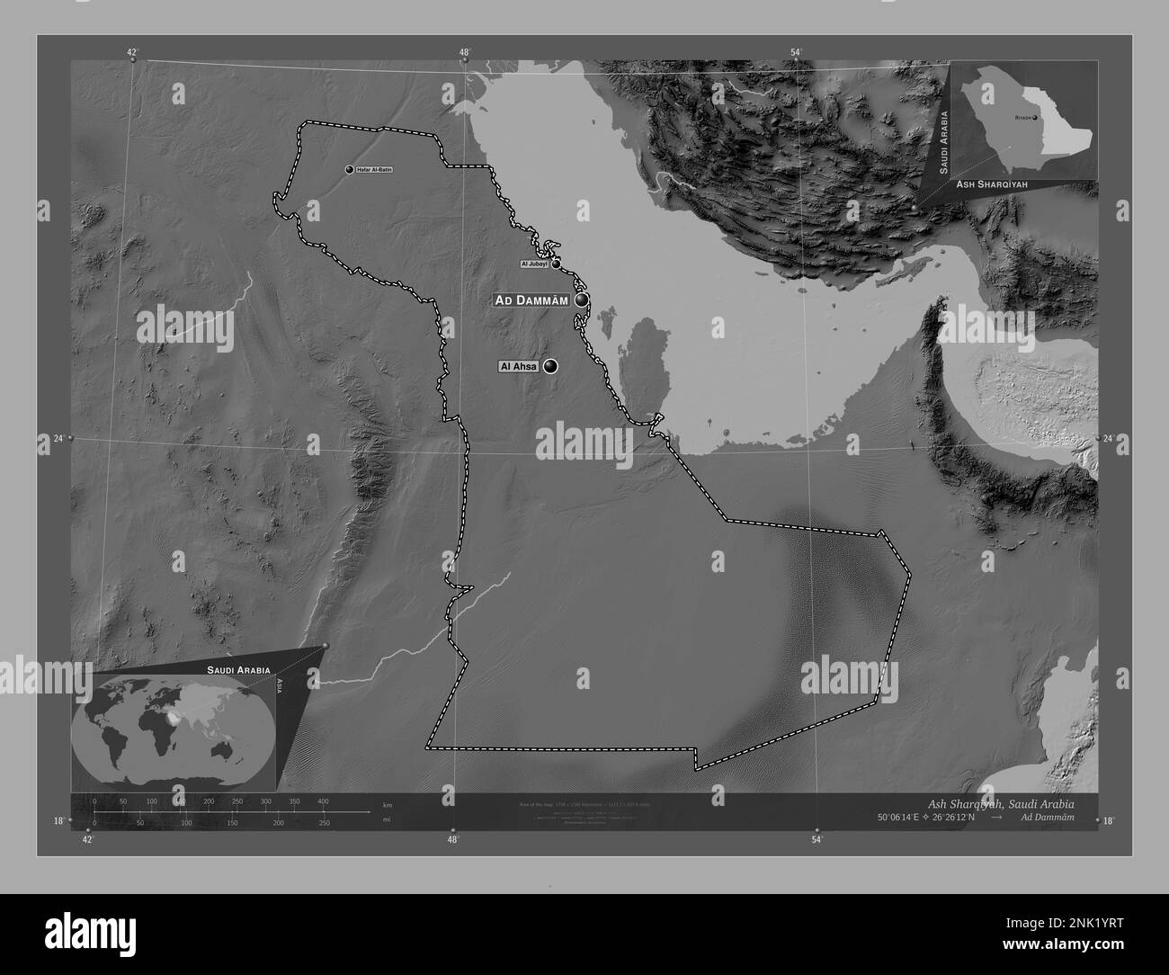 Ash Sharqiyah, region of Saudi Arabia. Bilevel elevation map with lakes ...