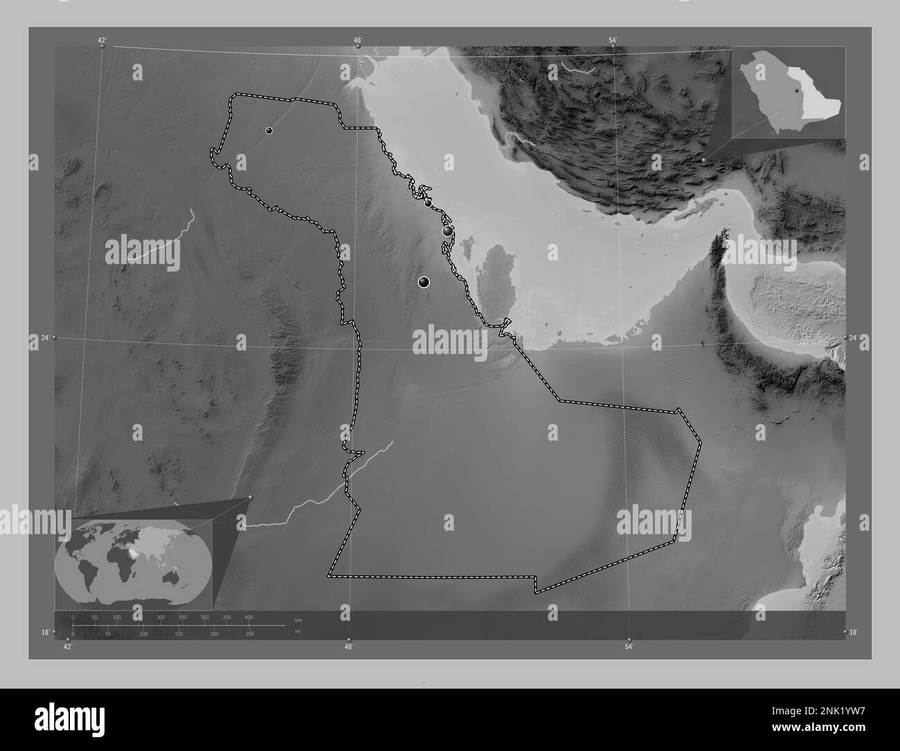 Ash Sharqiyah, region of Saudi Arabia. Grayscale elevation map with ...