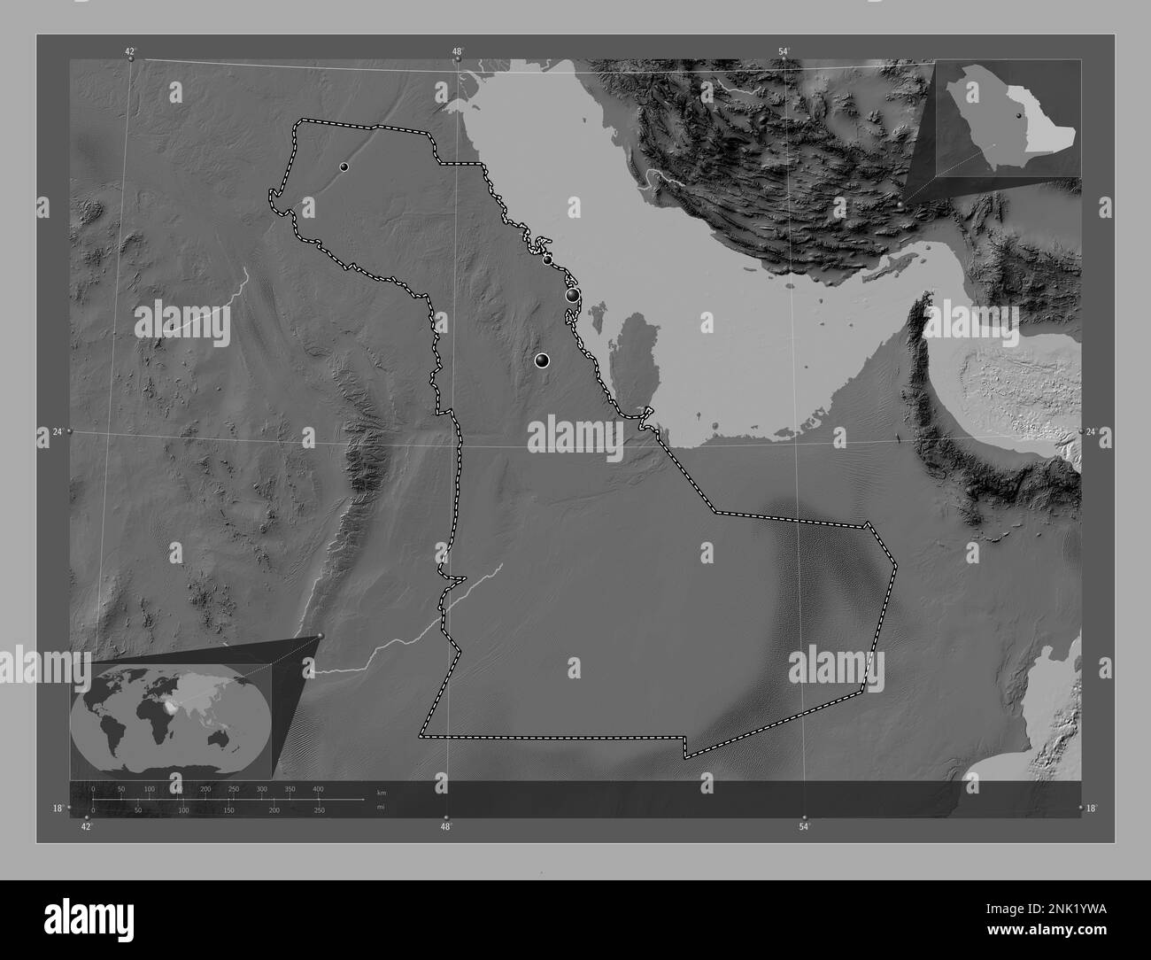 Ash Sharqiyah, region of Saudi Arabia. Bilevel elevation map with lakes ...