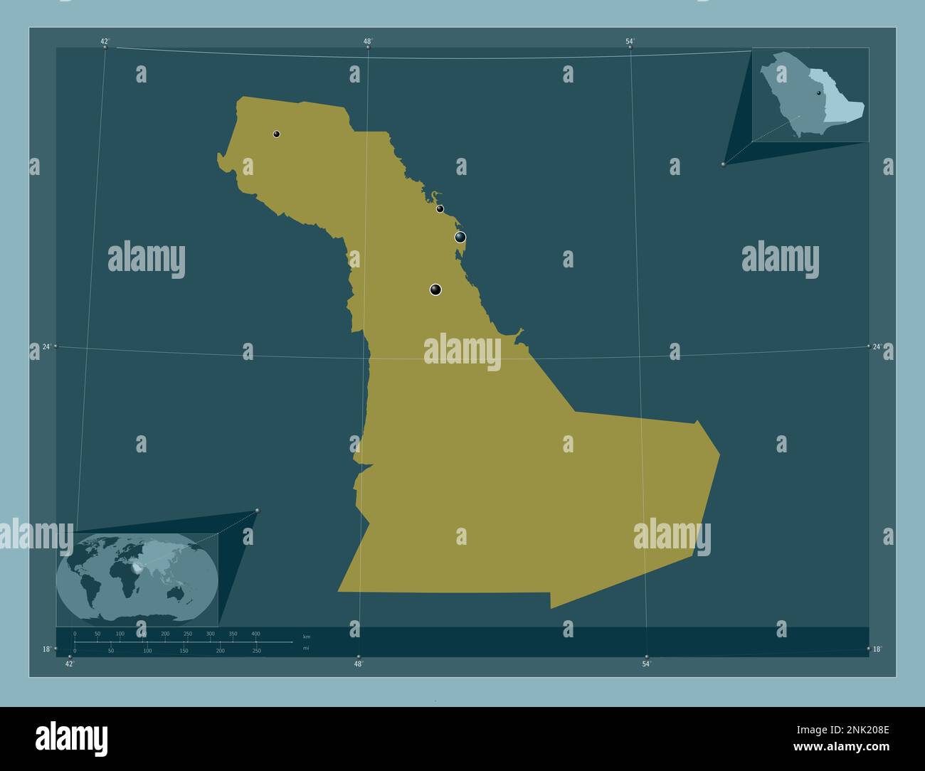 Ash Sharqiyah, region of Saudi Arabia. Solid color shape. Locations of ...